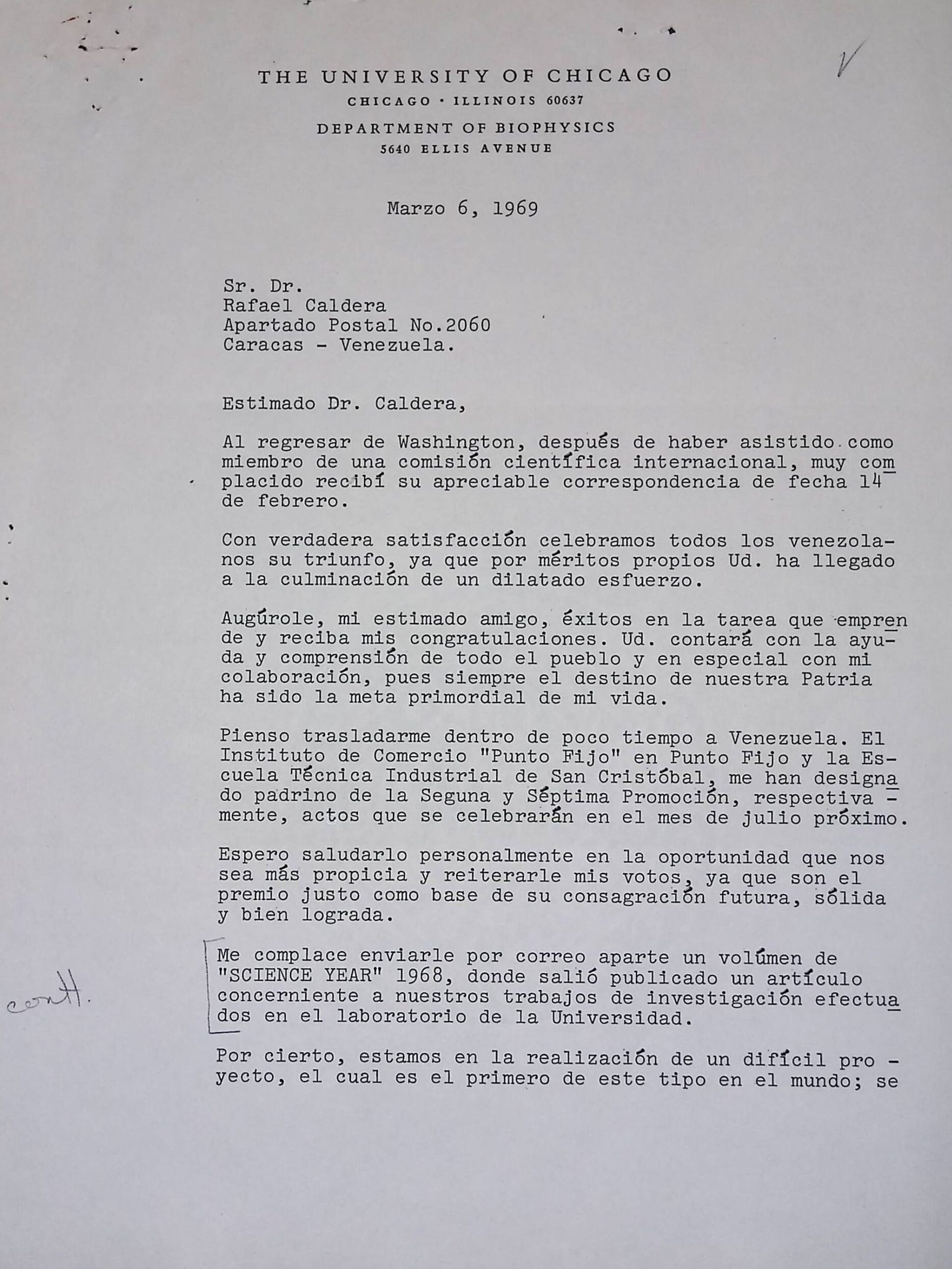 Fernández Morán, Humberto – 1969. Marzo, 6. Acusa recibo de la carta ...