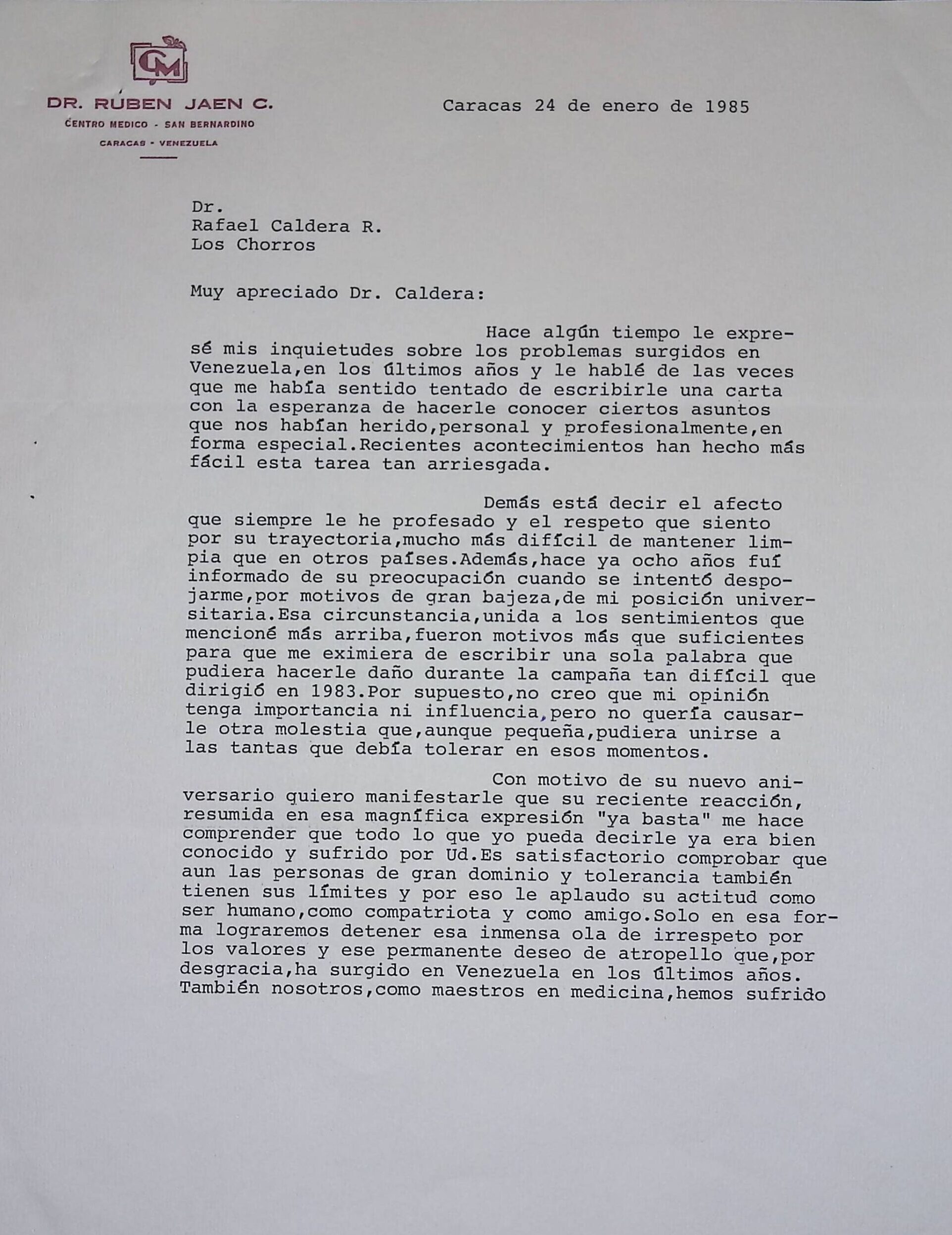 Jaén Centeno, Rubén – 1985. Enero, 24. Carta de felicitación por ...