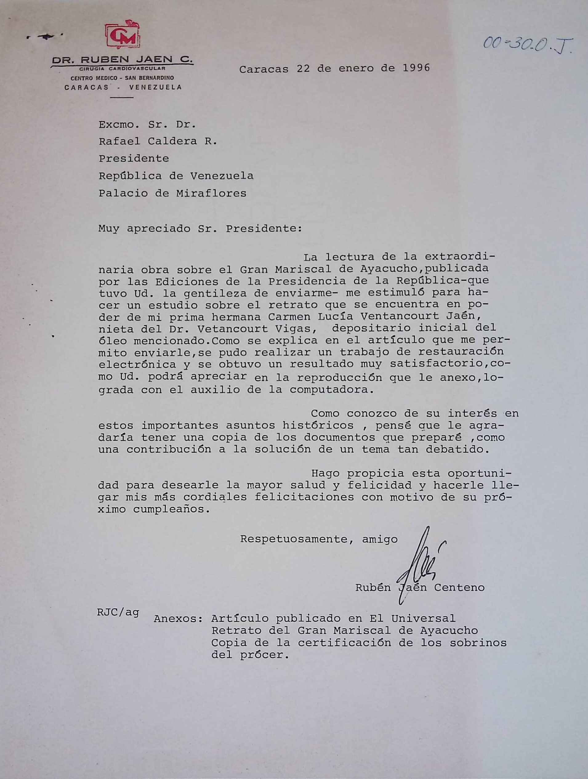 Jaén Centeno, Rubén – 1996. Enero, 22. Agradecimiento de libro ...