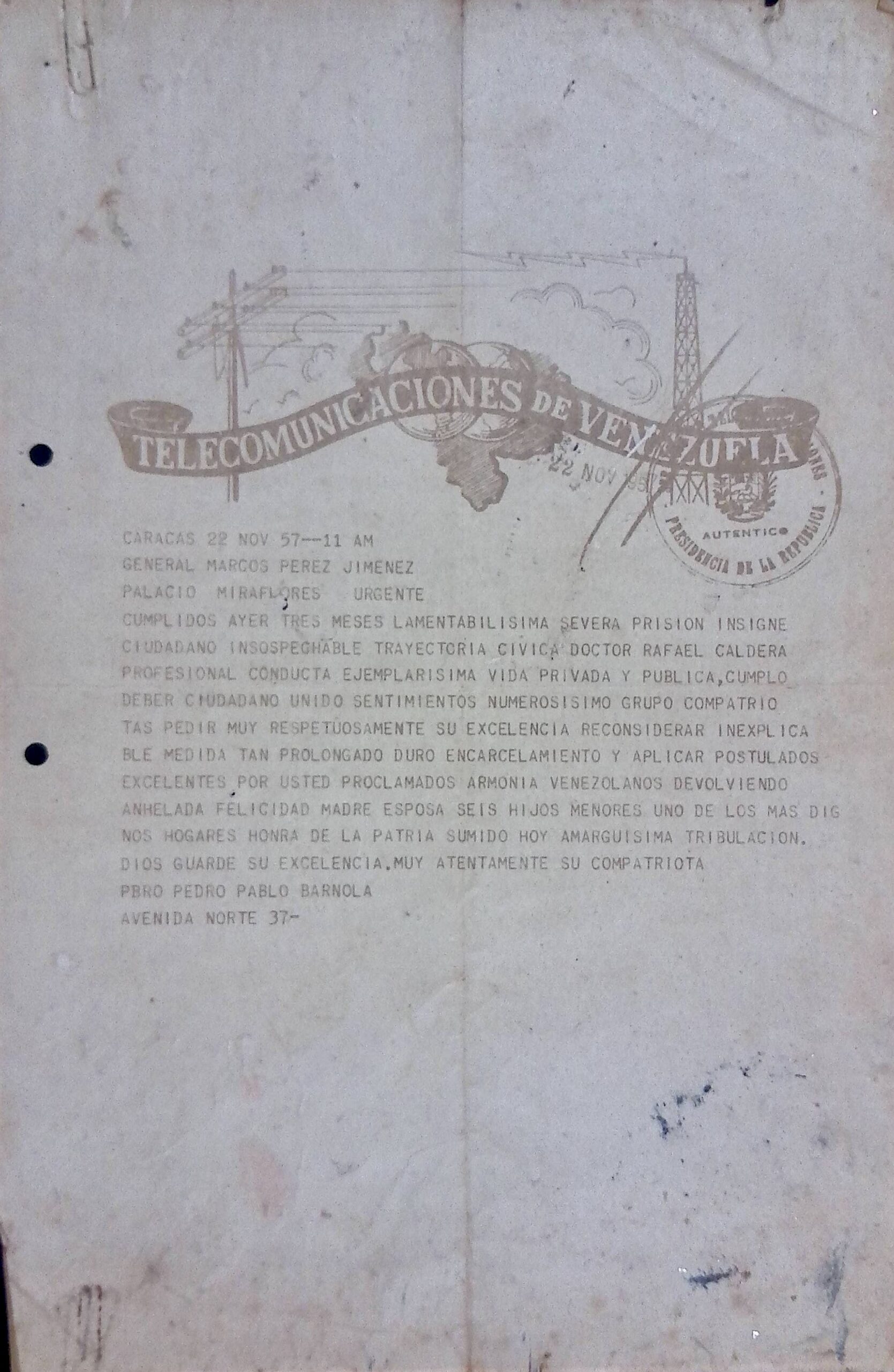 Barnola, Pedro Pablo – 1957. Noviembre, 22. Telegrama a Marcos Pérez ...