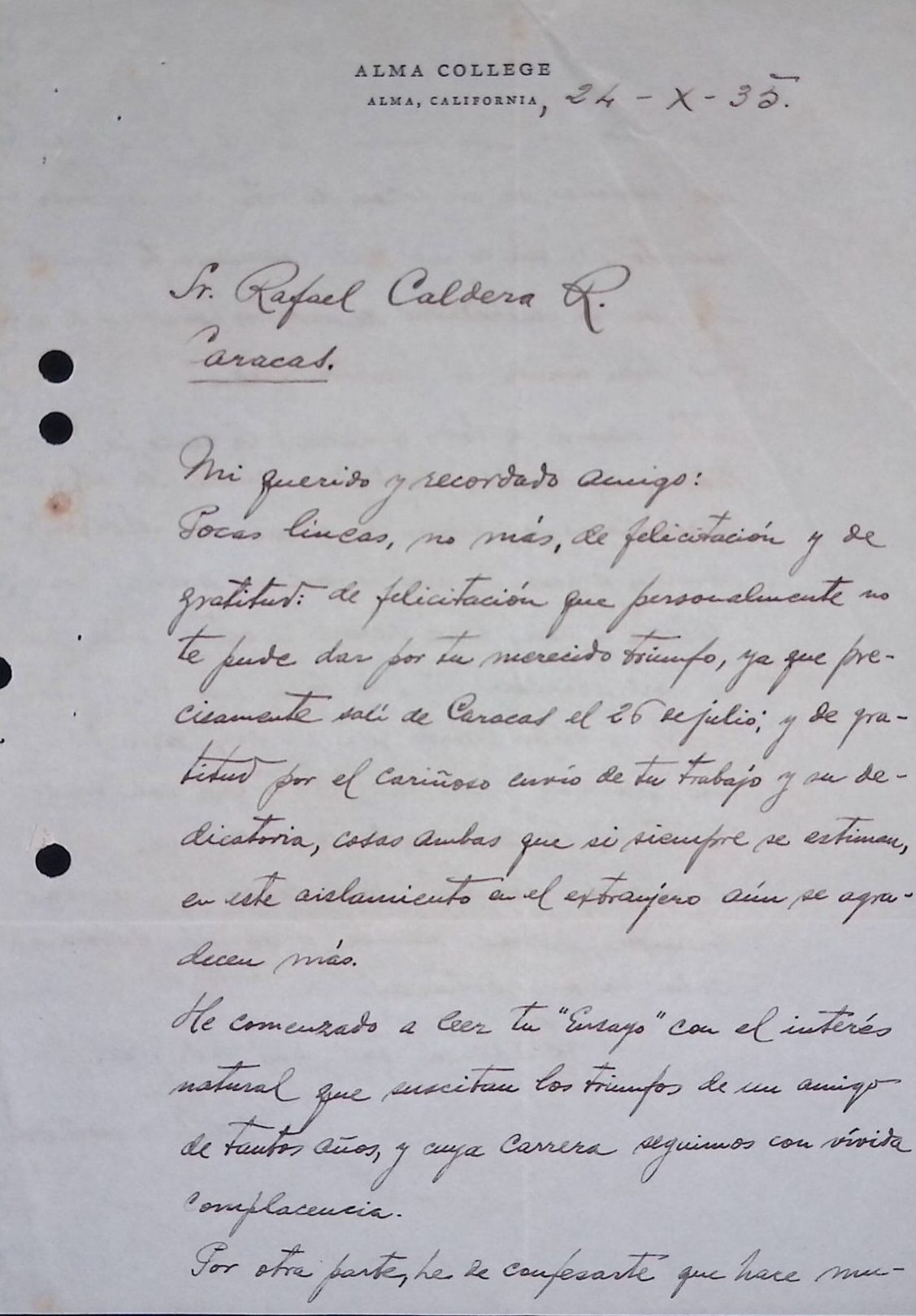 Barnola, Pedro Pablo – 1935. Octubre, 24. Carta desde California, USA ...